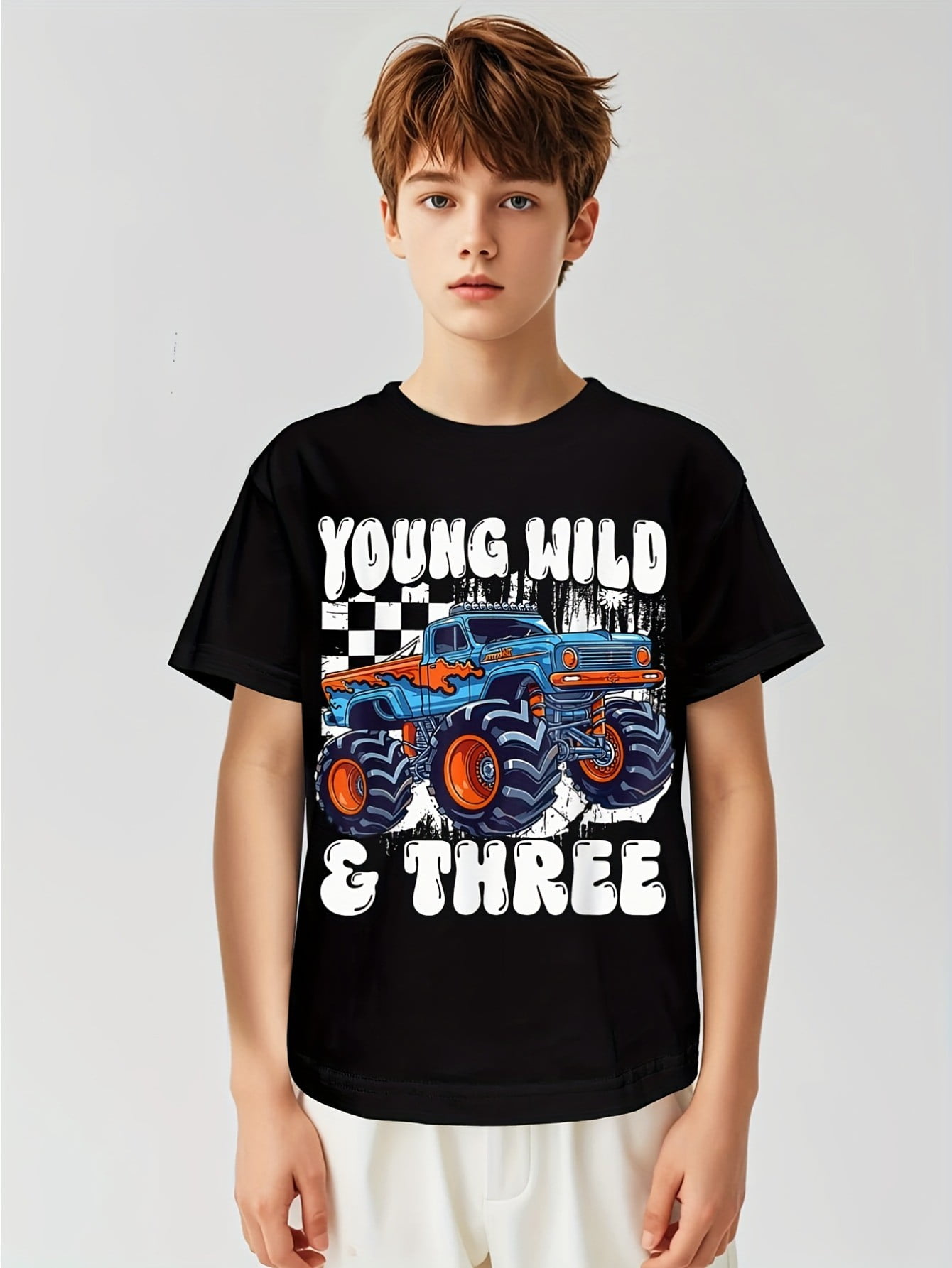 Birthday Monster Truck Young Wild And Three 3 Year Old Novelty Awesome Graphic Kid TShirt ...
