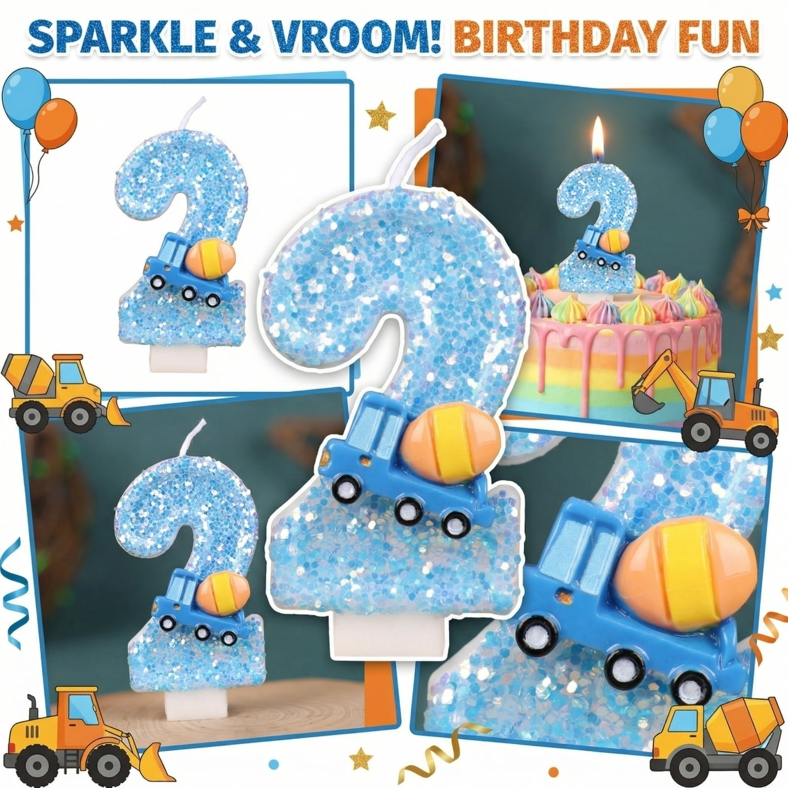Birthday Number Candle, Glitter Cartoon Construction Truck, 1 Piece ...