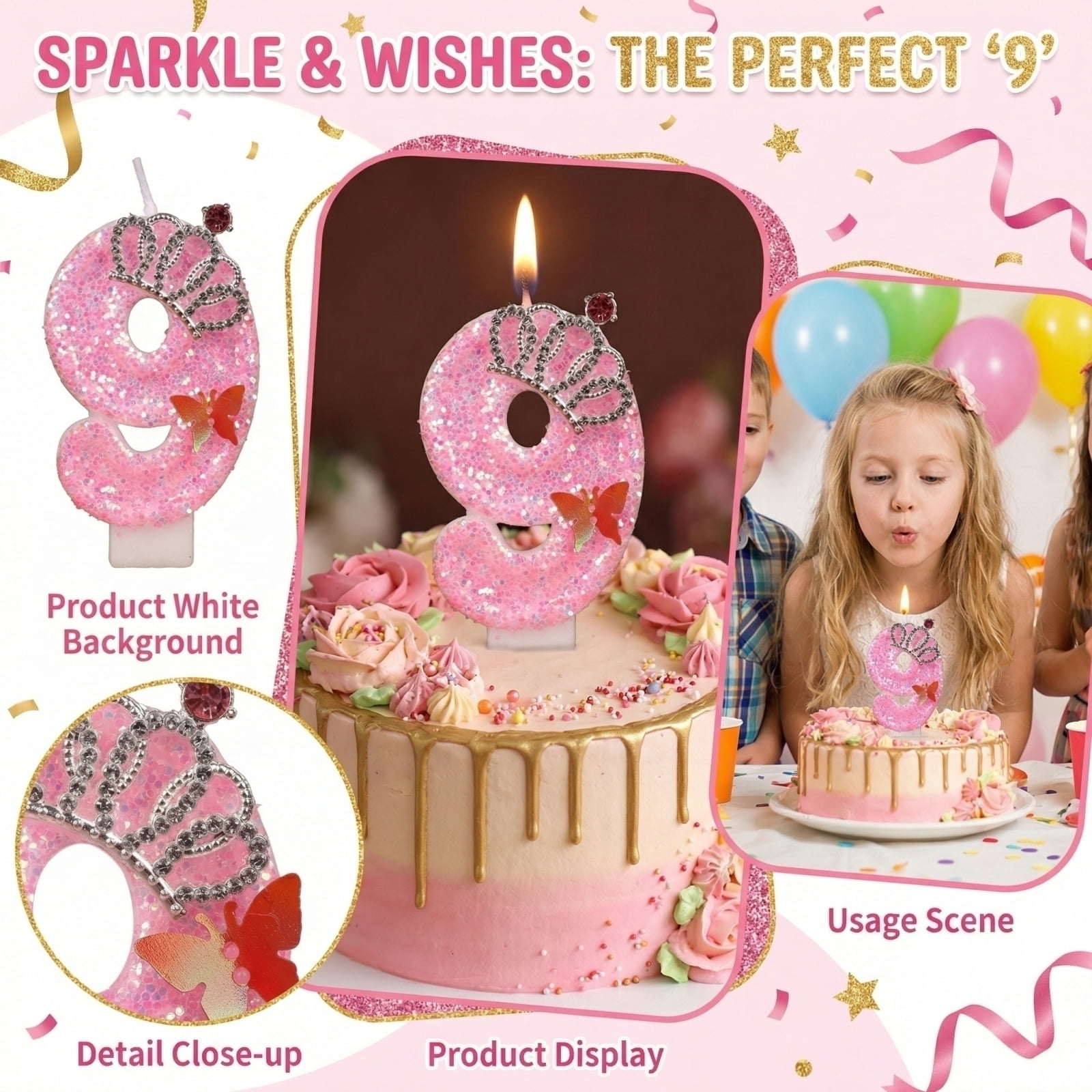 Birthday Number Candle, Glitter Pink Crown Decor, 1 Piece,Suitable for ...
