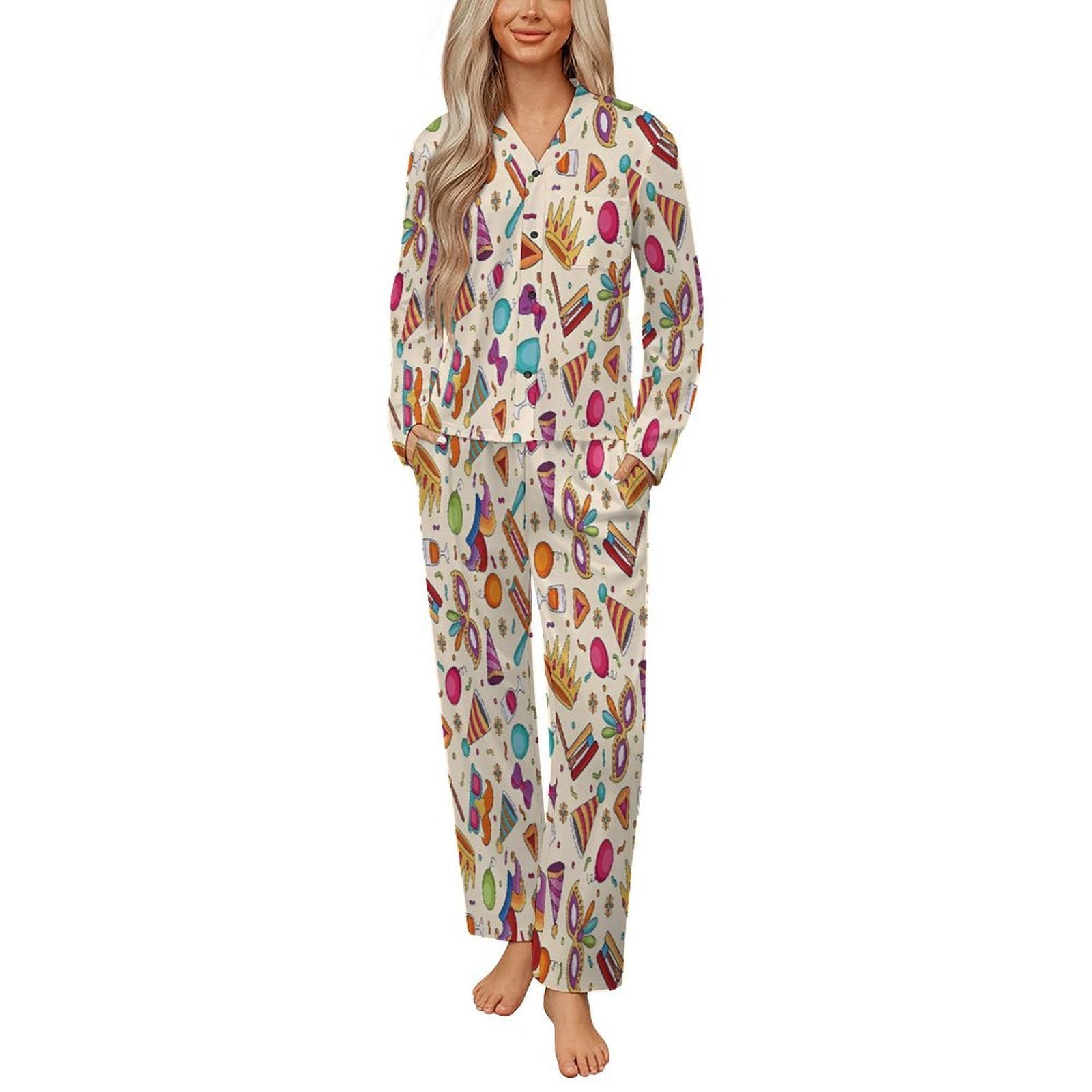 Birthday Party Colorful Doodle Icons Womens Pyjamas Set Button Up ...