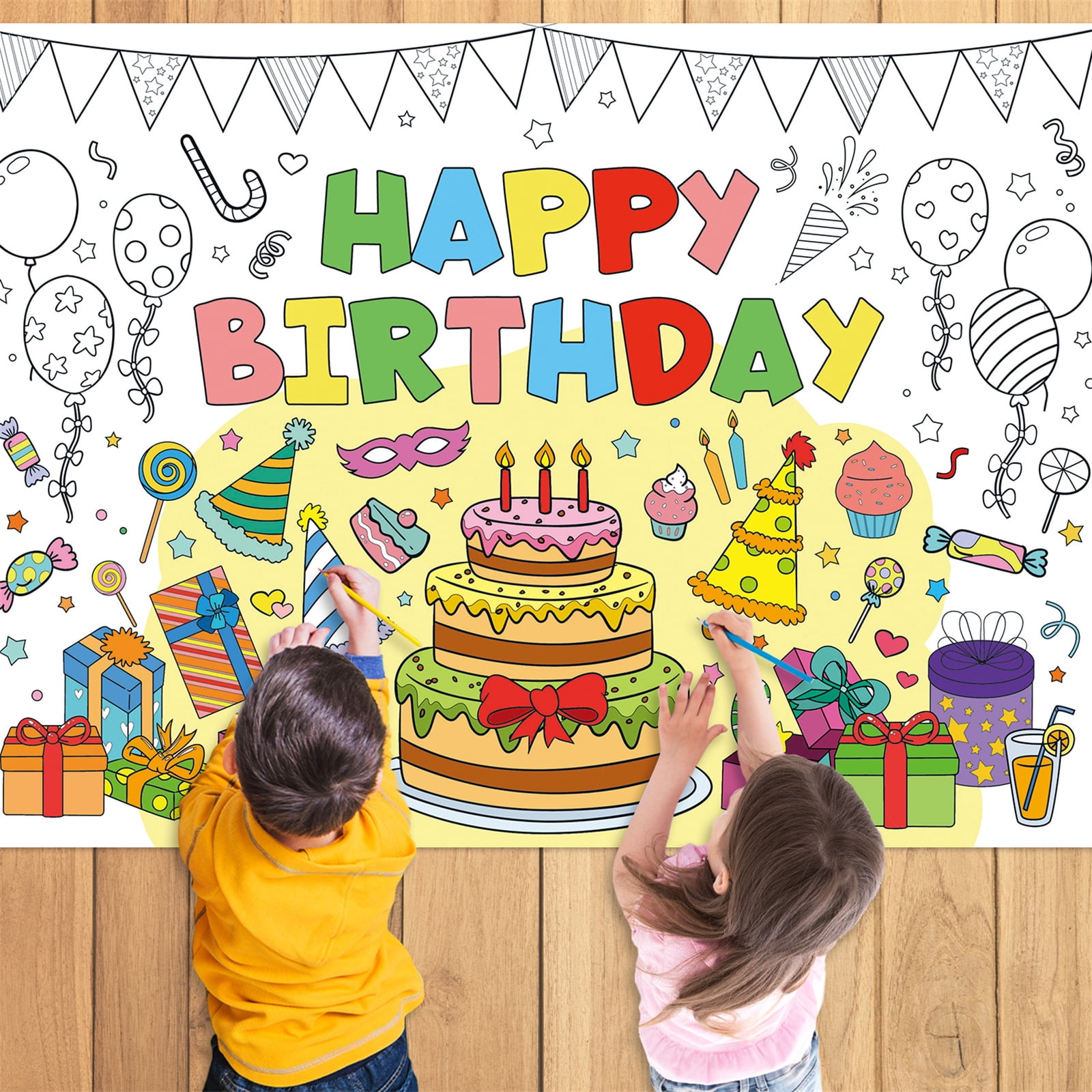 Birthday Party Coloring Poster for Kids Large DIY Activity Sheet with ...