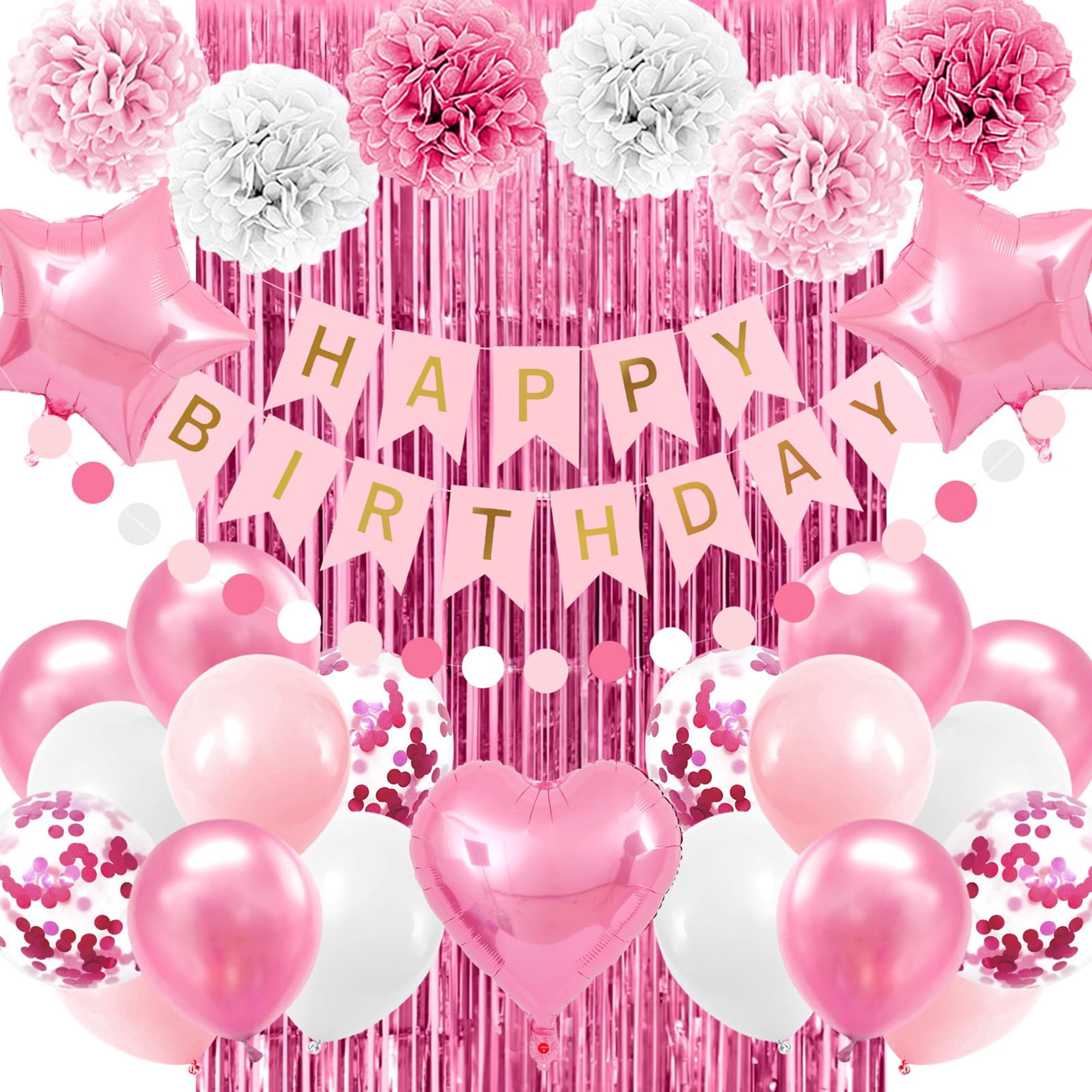Birthday Party Decoions,Happy Birthday Banner,Light Pink White Balloons ...