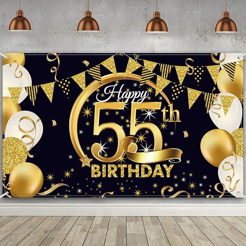 Birthday Party Decoration Extra Large Fabric Black Gold Sign Poster for Anniversary Photo Booth ...