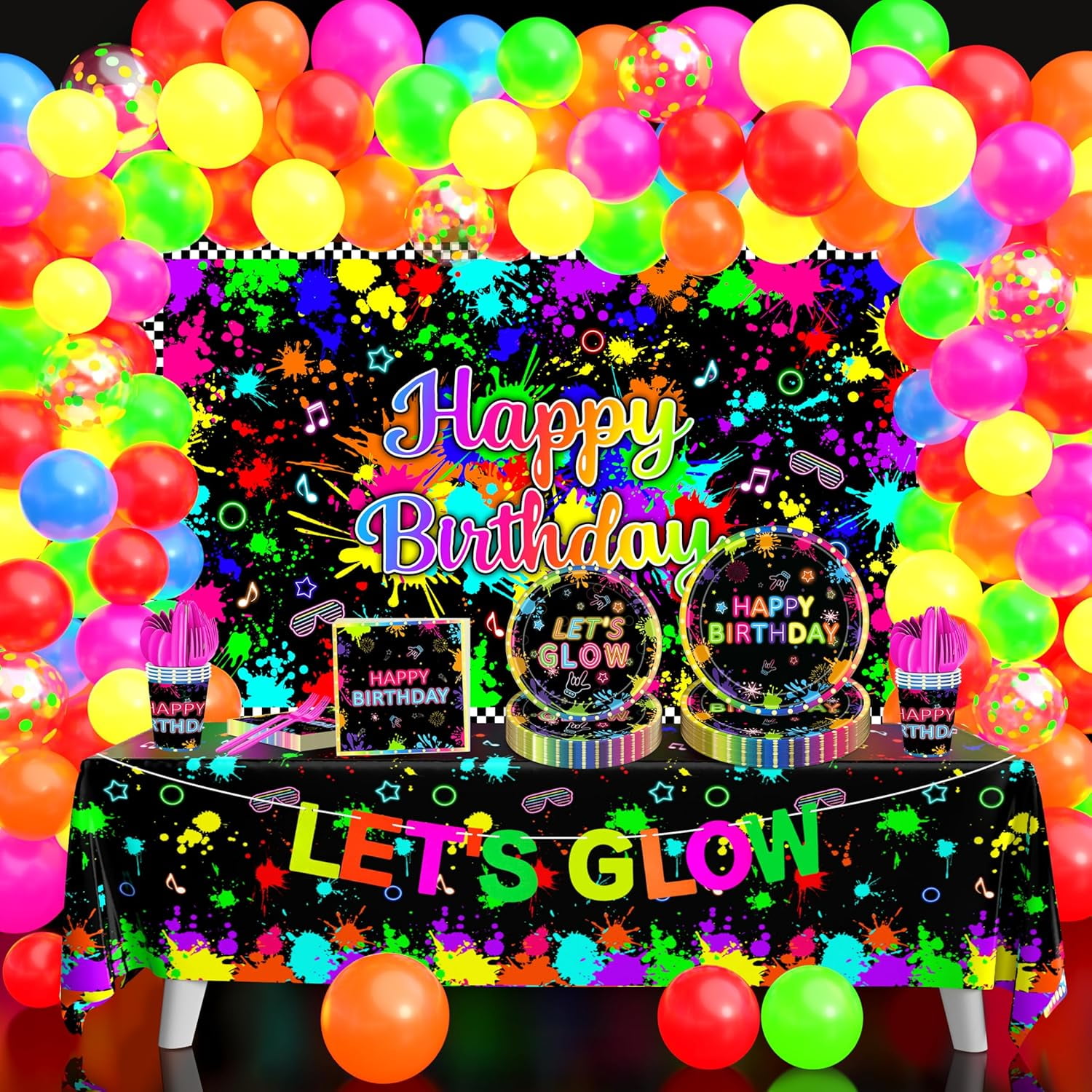 Birthday Party Decorations, 172Pcs Let's Glow in the Dark Birthday ...