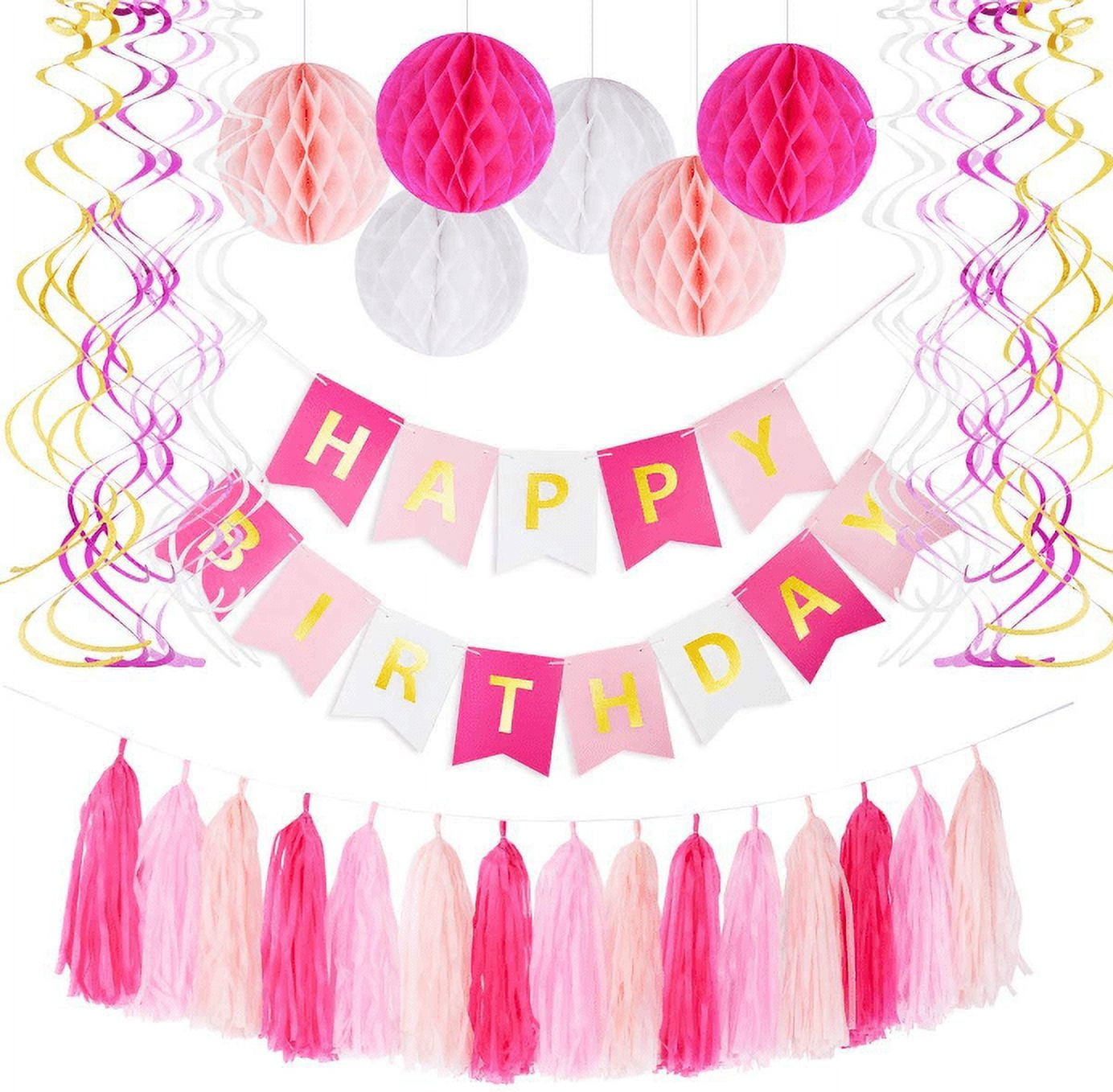 Walmart Birthday Party Decor: Pink Happy Birthday Banner, Honeycomb ...