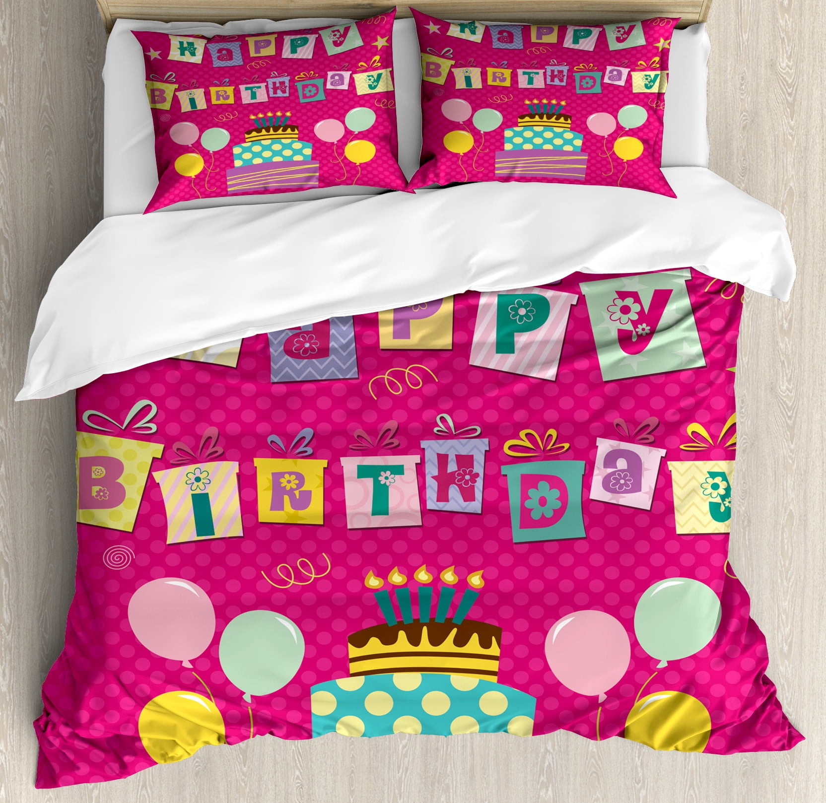 Birthday Party Duvet Cover Set, Colorful Letters in Shape of Present ...