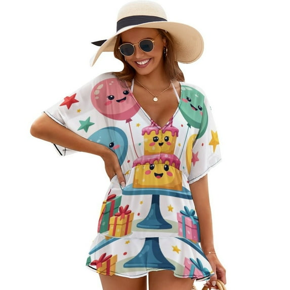 Birthday Party Fun And Happiness Beach Cover Ups Women V Neck Short ...