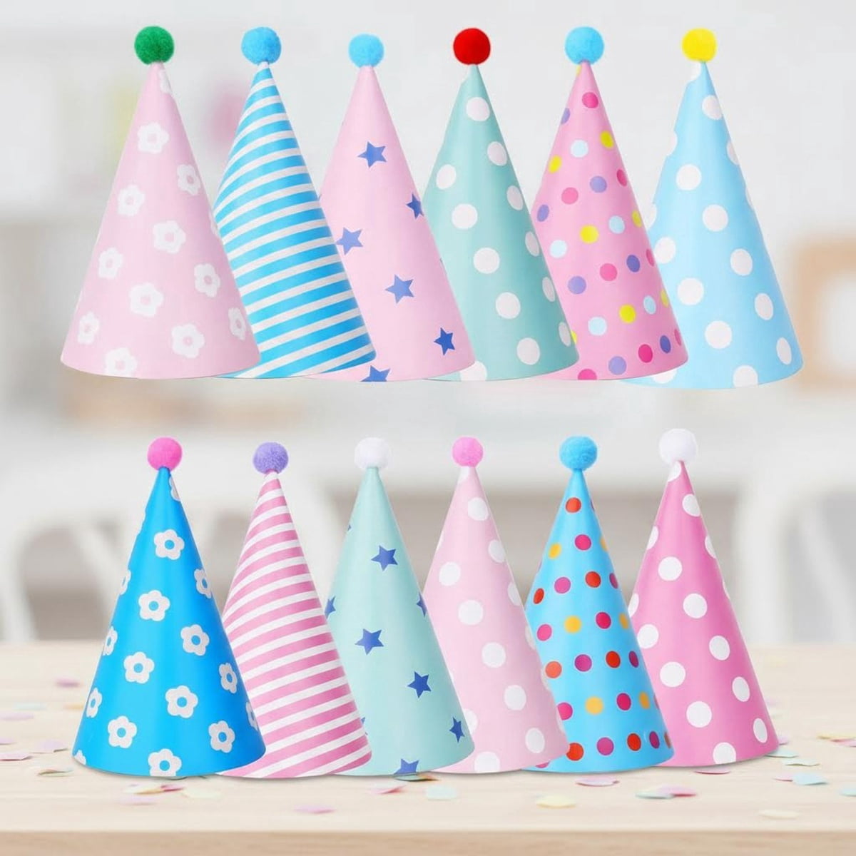 Birthday Party Hats, Pack Cone Hats with Pom Poms, Paper Party Caps ...