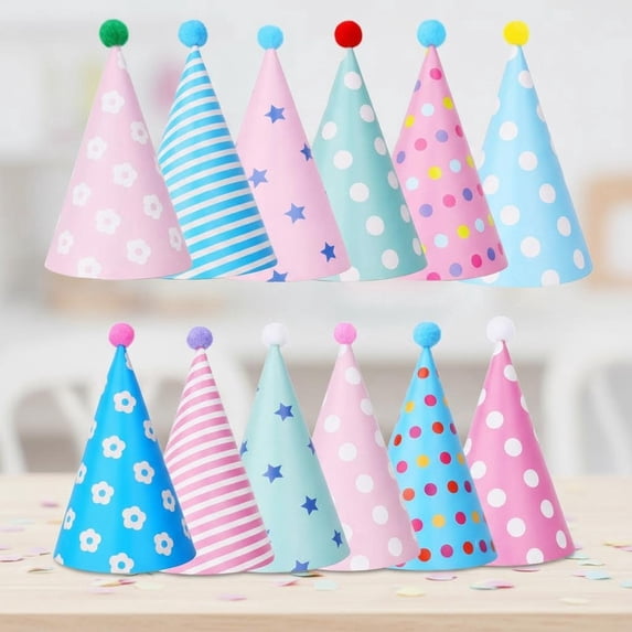 Birthday Party Hats, Pack Cone Hats with Pom Poms, Paper Party Caps ...