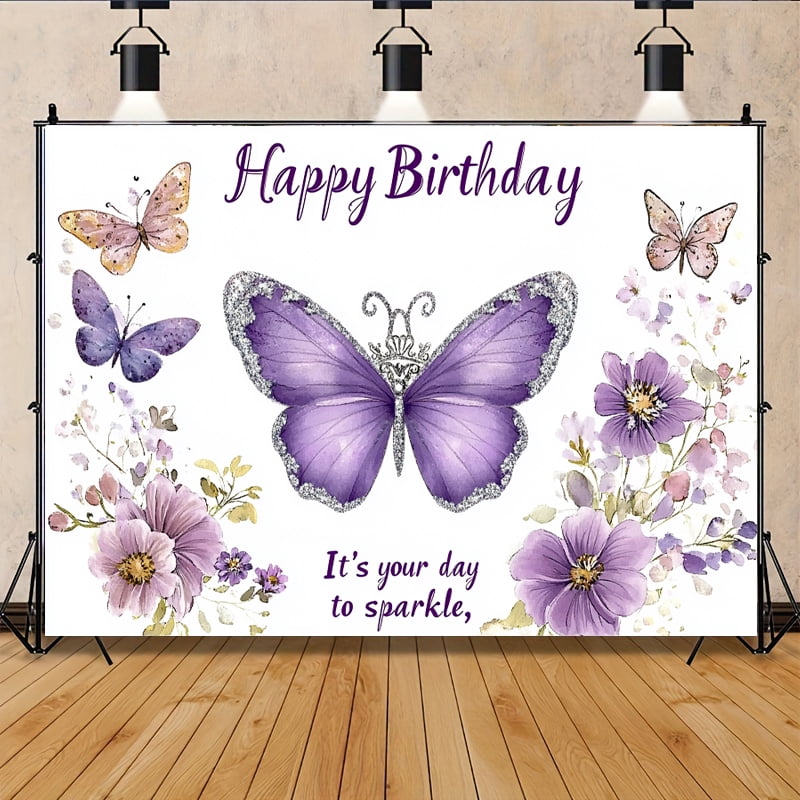 Birthday Party Purple Butterfly Floral Backdrop – Green Leaves, Crown ...