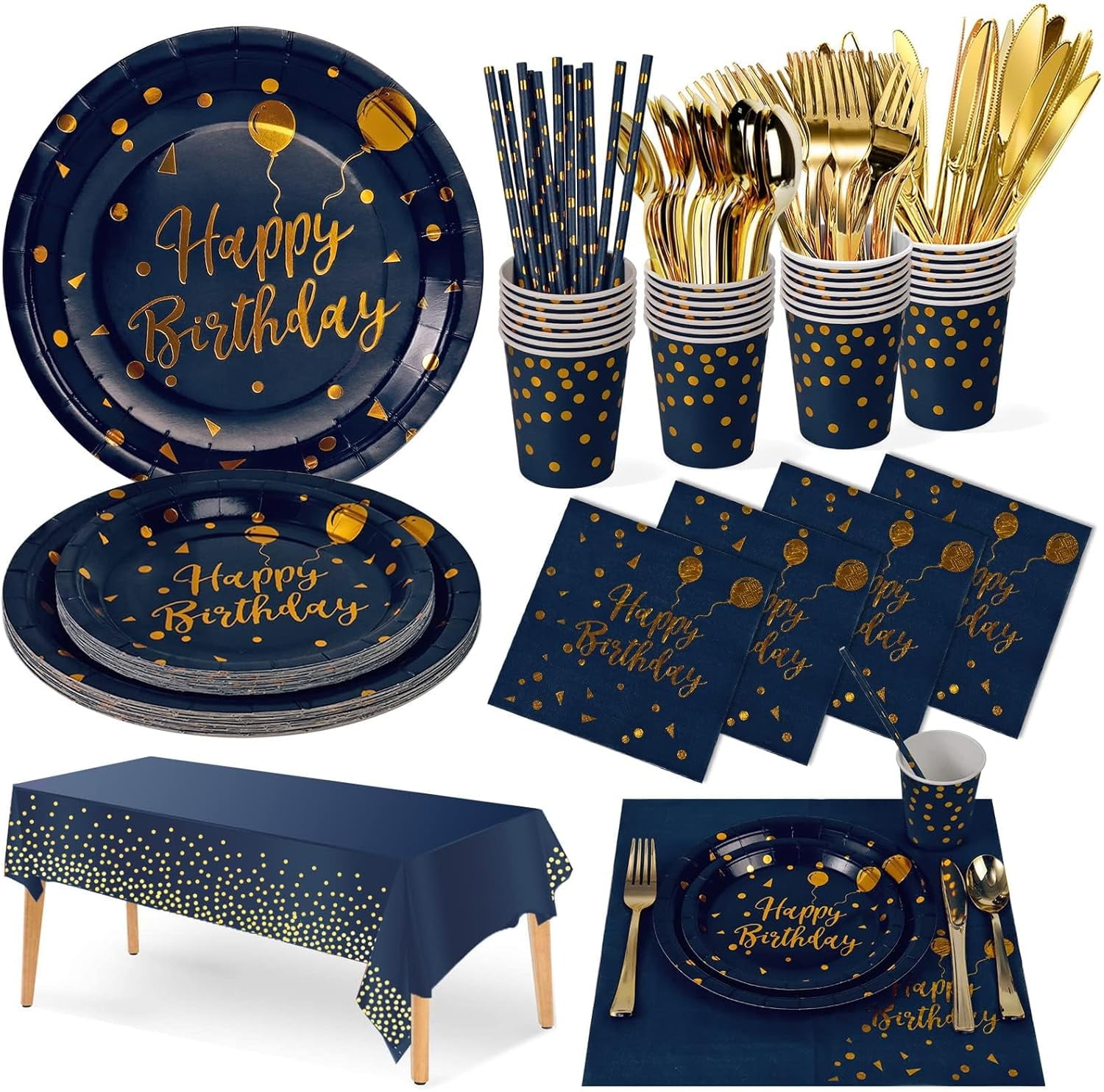 Birthday Party Tableware, 161 Pieces Navy Blue Gold Party Supplies ...