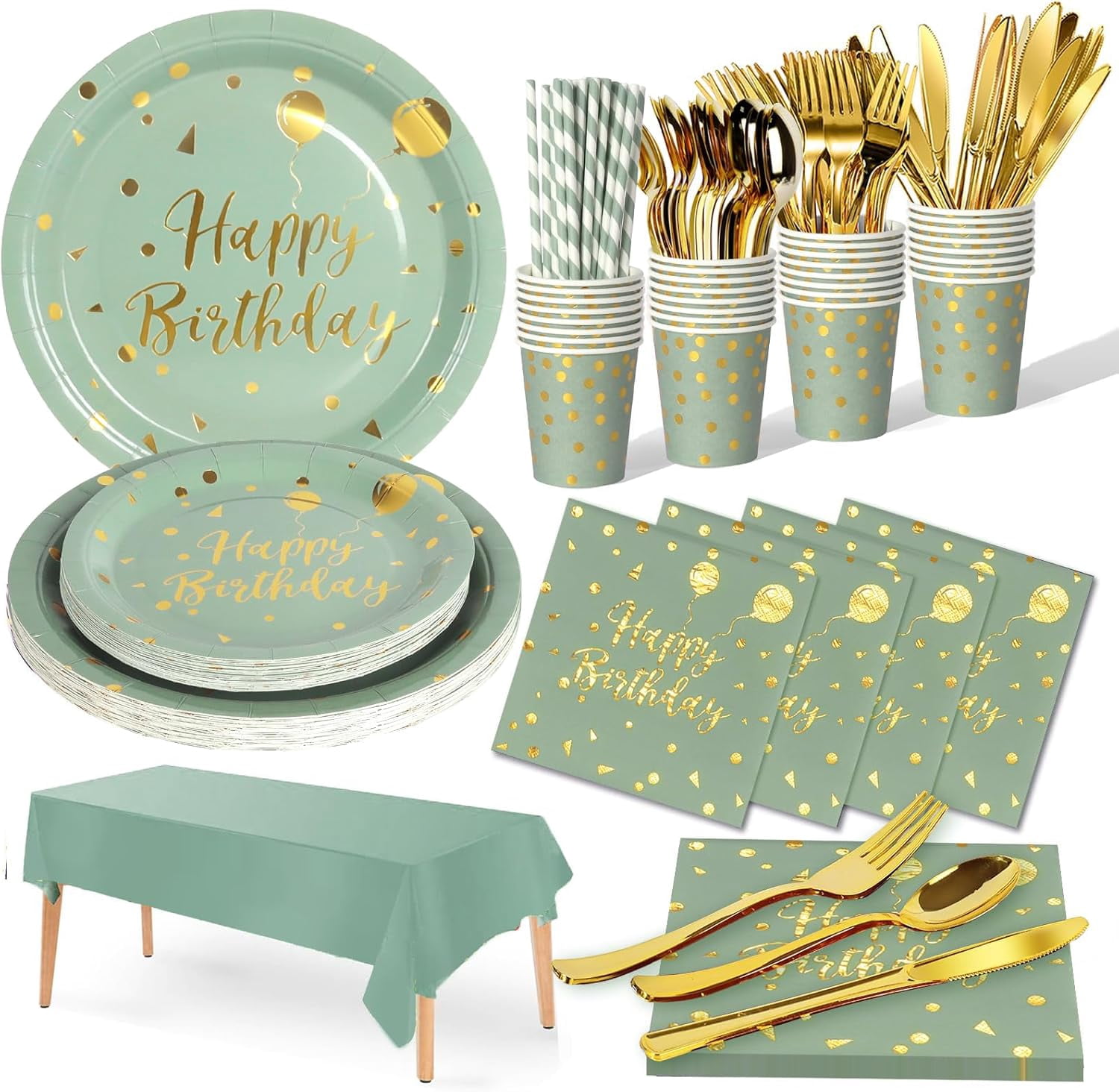 Birthday Party Tableware Set, 161 Pieces Sage Green and Gold Disposable ...