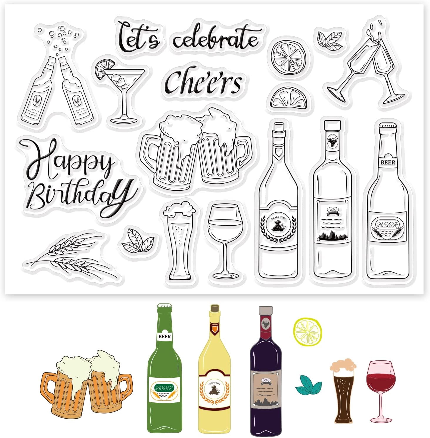 Birthday Party Themed Silicone Clear Stamps with Beer and Wine Bottle ...