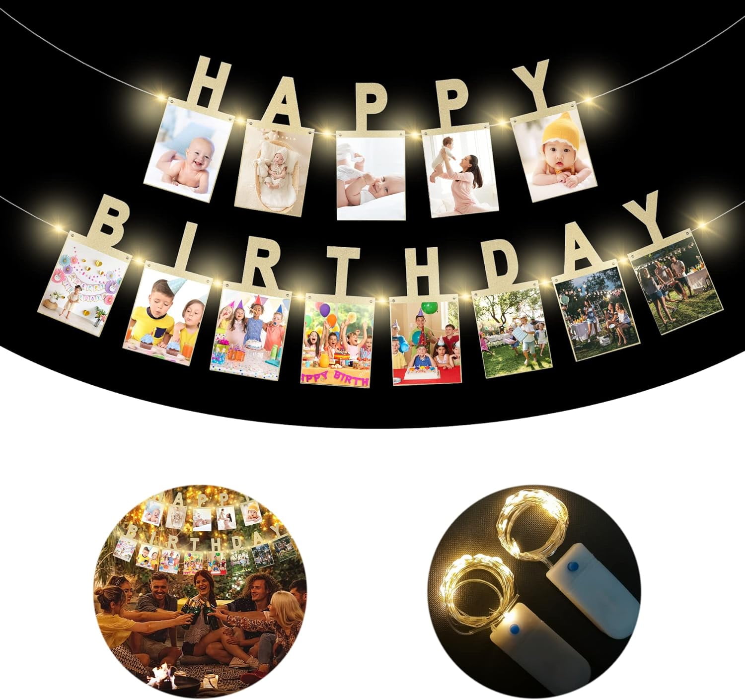 Birthday Photo Banner with 2 Strings of Fairy Lights for Children and ...