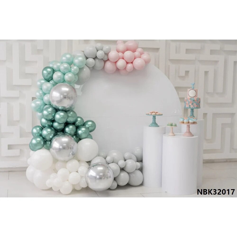 Birthday Photocall White Brick Wall Balloons Donut Candy Balloons Baby ...