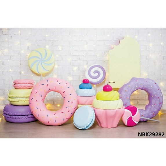 Birthday Photocall White Brick Wall Balloons Donut Candy Balloons Baby ...