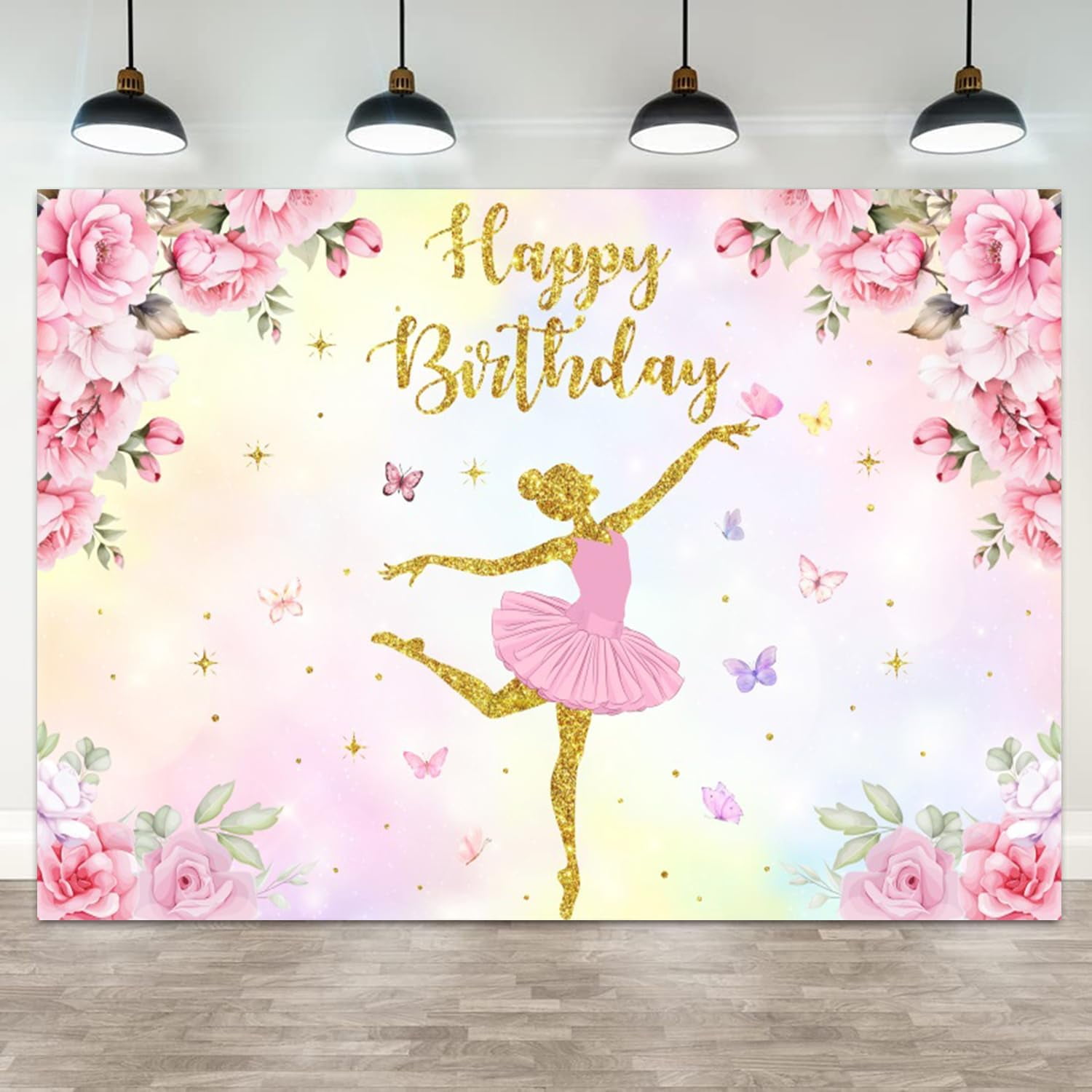 Birthday Photography Backdrop Ballet Dancer Theme Birthday Banner Pink Floral Butterfly Golden ...