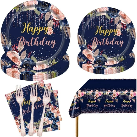 Birthday Plates and Napkins 97 Pcs Navy Blue Rose Gold Birthday ...