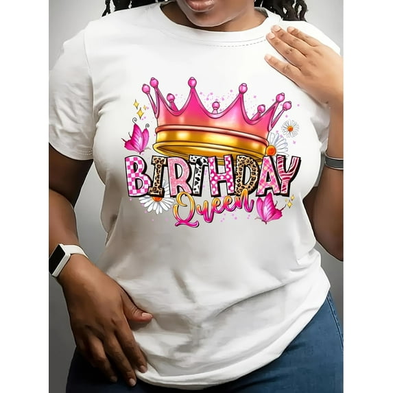 Birthday Print Crew Neck T-Shirt, Casual Short Sleeve Top For Spring ...