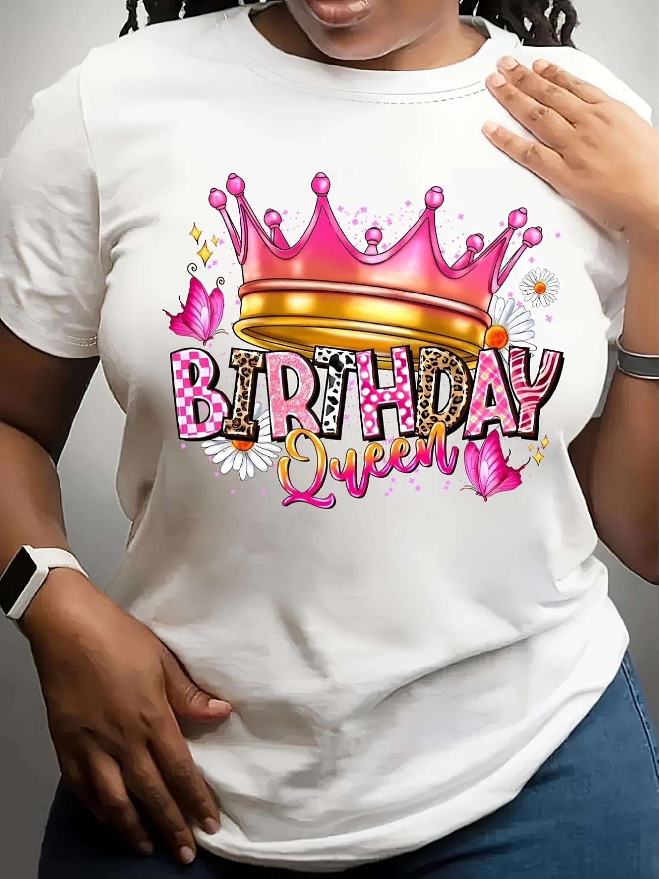Birthday Print Crew Neck T-Shirt, Casual Short Sleeve Top For Spring ...