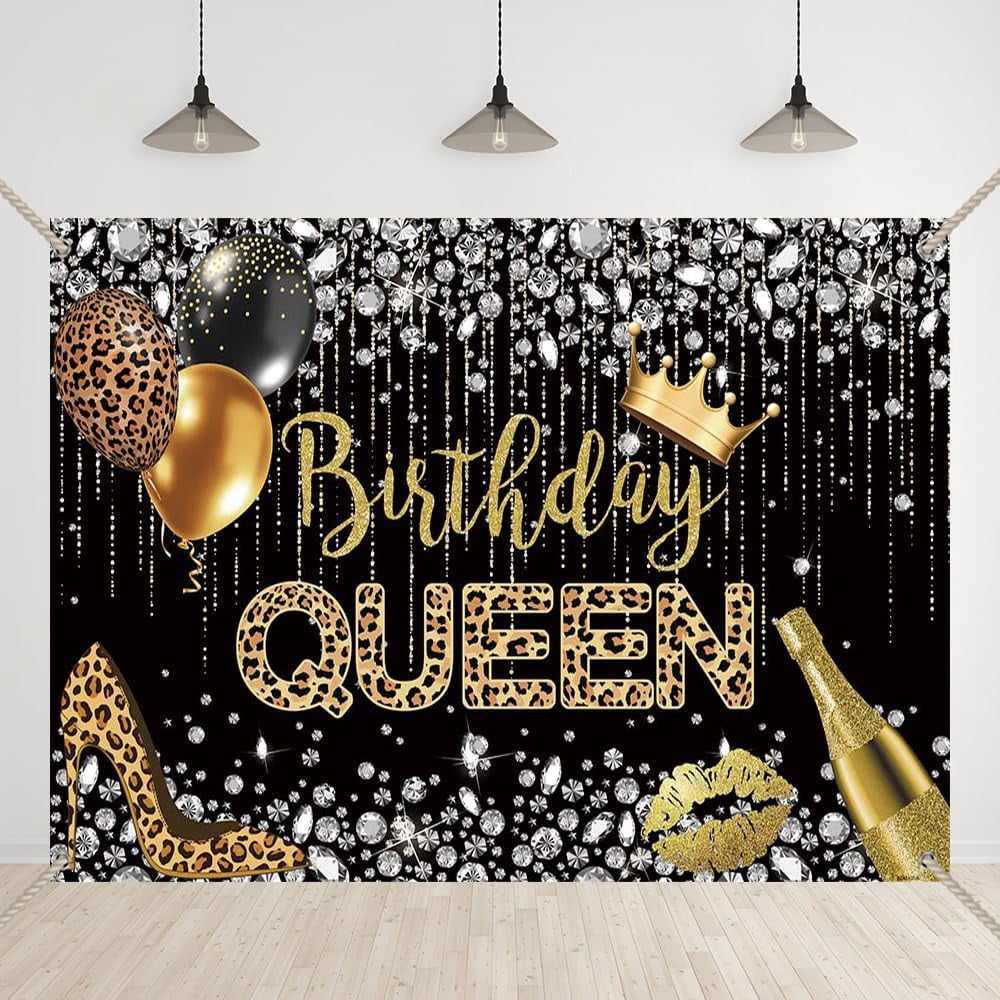 Birthday Queen Backdrop Black and Gold Balloons High Heel Champagne ...