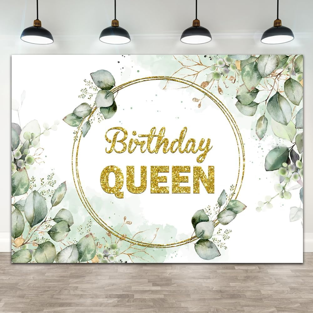 Birthday Queen Backdrop Green Eucalyptus Leaf Background Happy Birthday ...