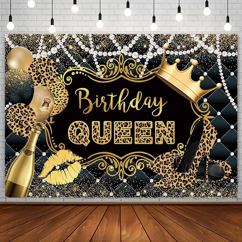 Birthday Queen Backdrop for Woman Girl Leopard Black and Gold Crown ...