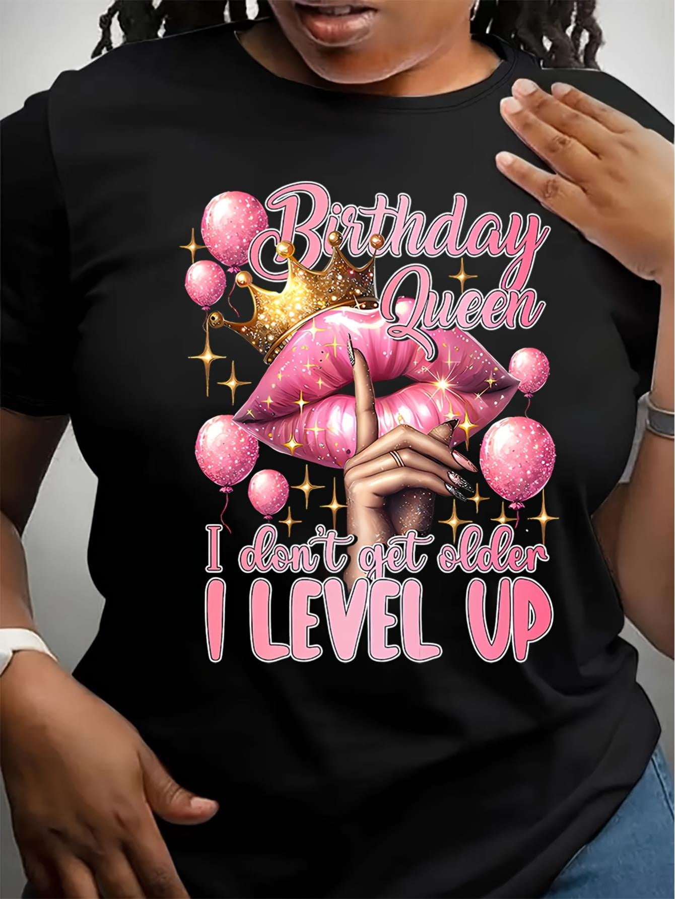 Birthday Queen Graphic Print T-Shirt – Knit Casual Crew Neck with ...