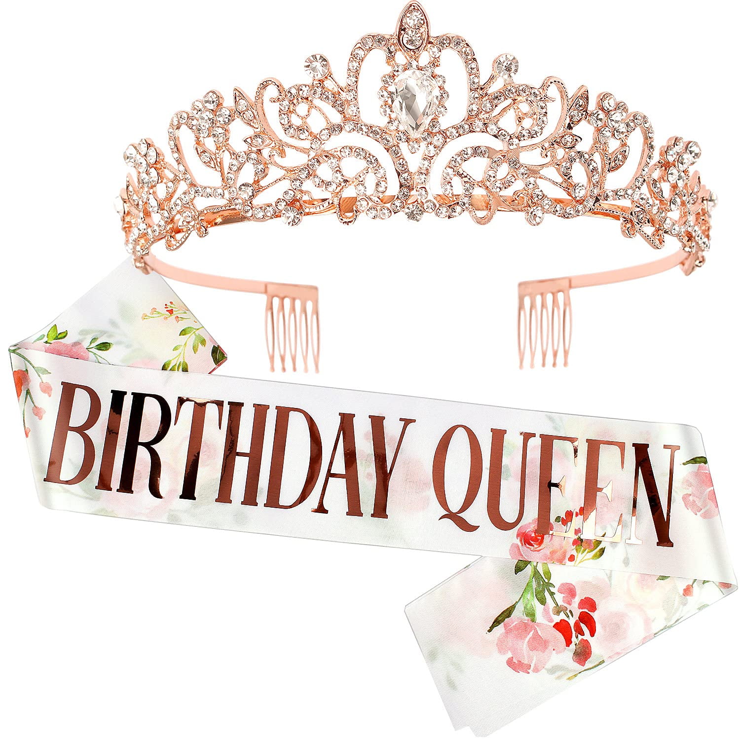 "Birthday Queen" Sash & Rhinestone Tiara Set COCIDE Rose Gold Birthday Sash and Tiara for Women ...
