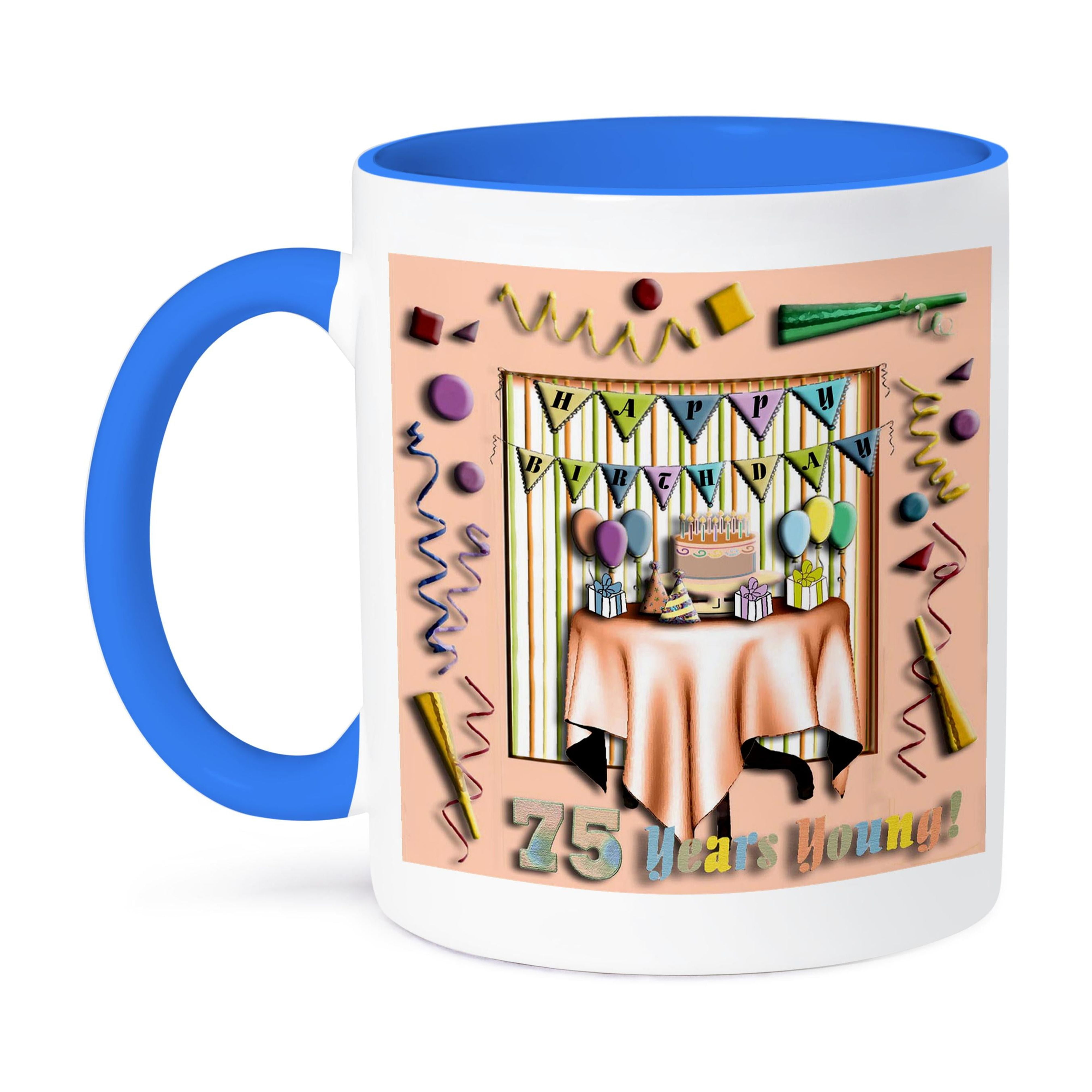 3dRose, Birthday Room in Peach Happy Birthday 75 Years Old, 15oz Two-Tone Blue Mug - Walmart.com