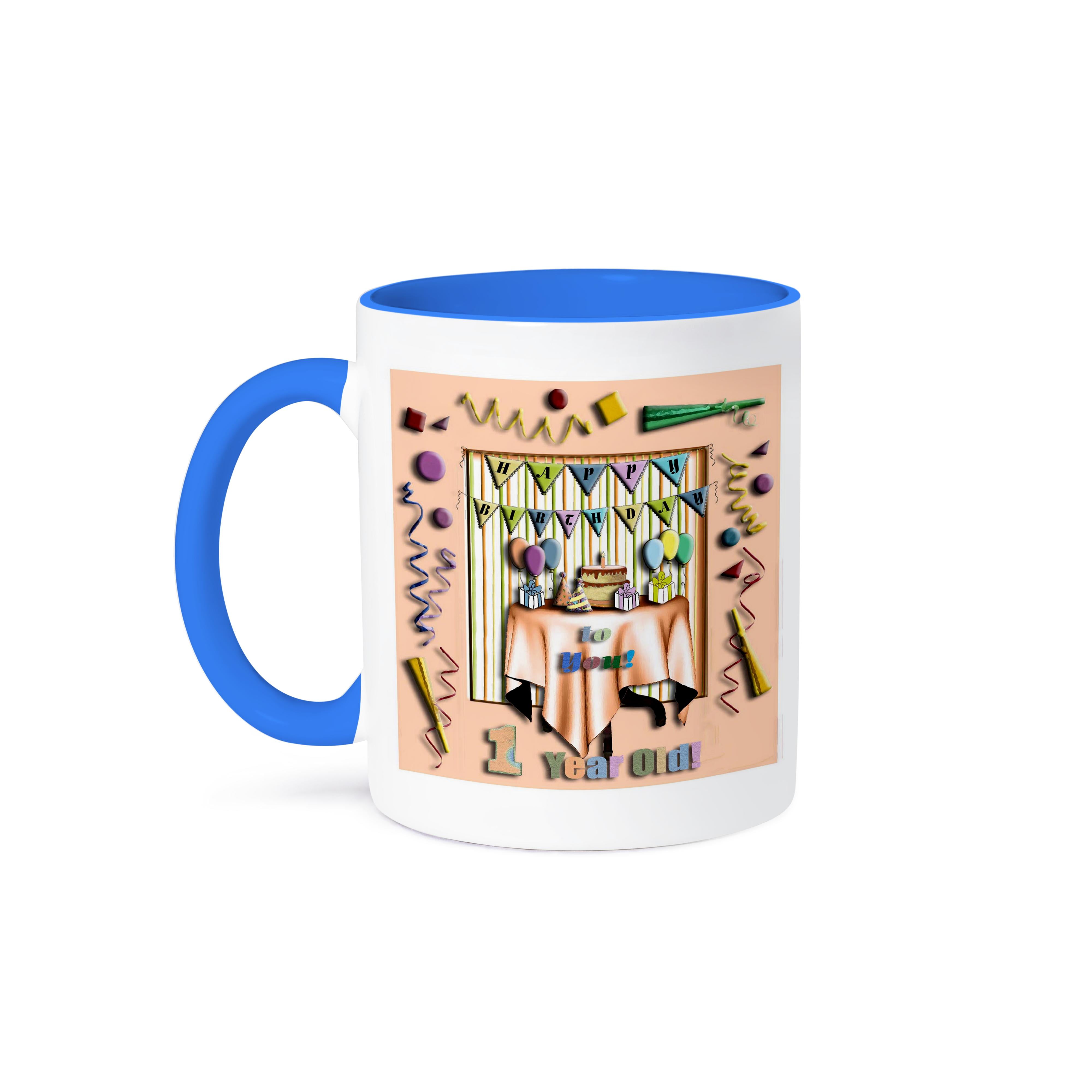 3dRose, Birthday Room in Peach Happy Birthday to You One Year Old, 15oz Two-Tone Blue Mug ...