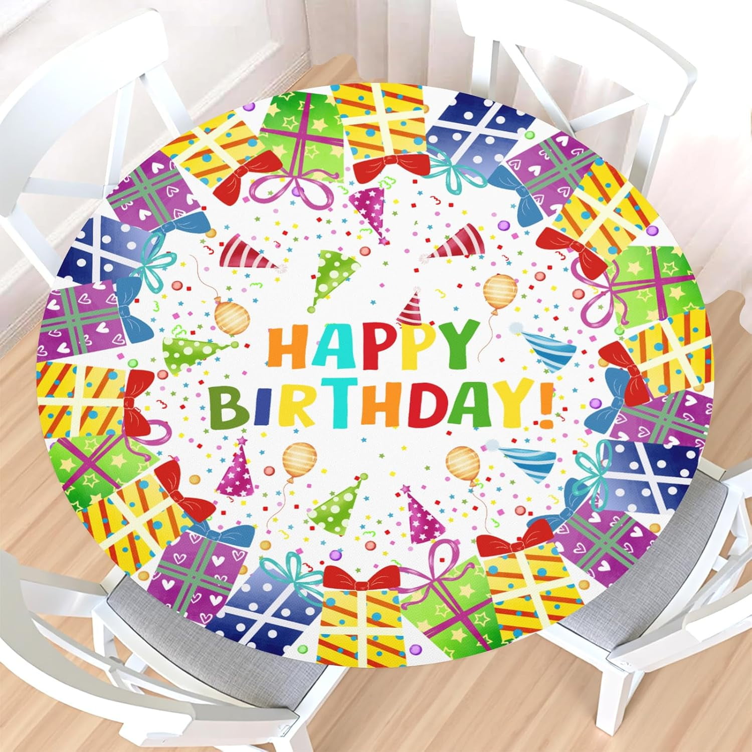 Birthday Round Fitted Tablecloth with Elastic Edge,Water-Resistant ...