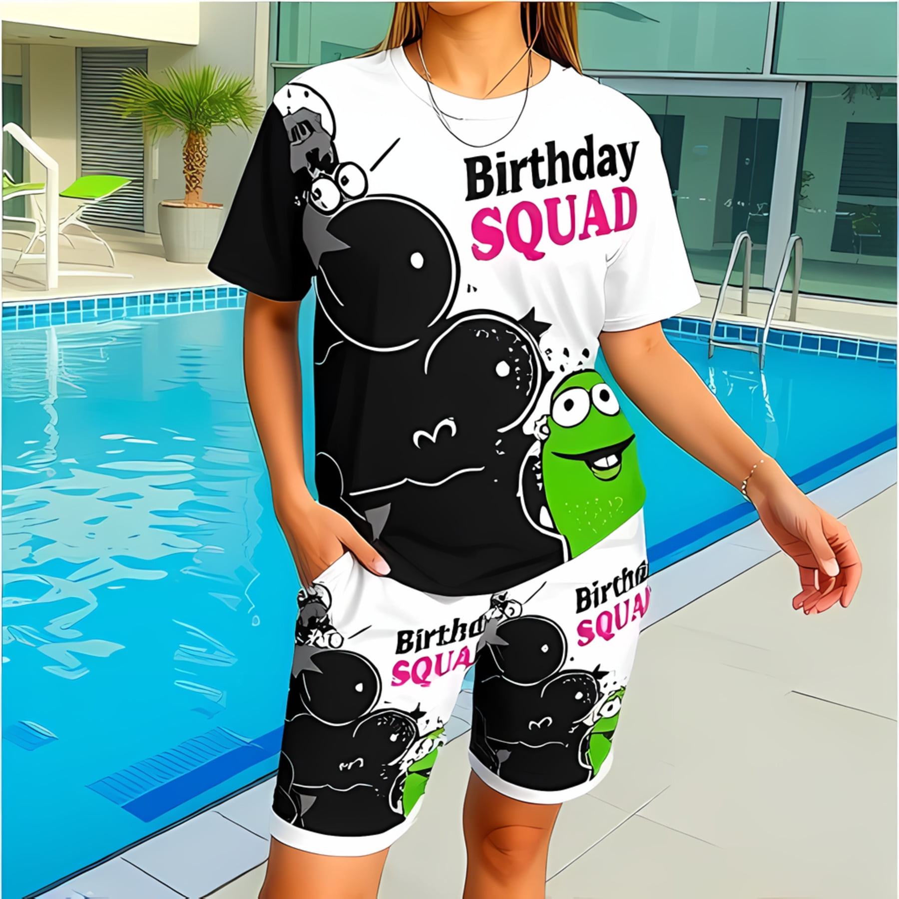 Birthday Squad Cartoon Character T-Shirt and Shorts Set for Women - Fun ...