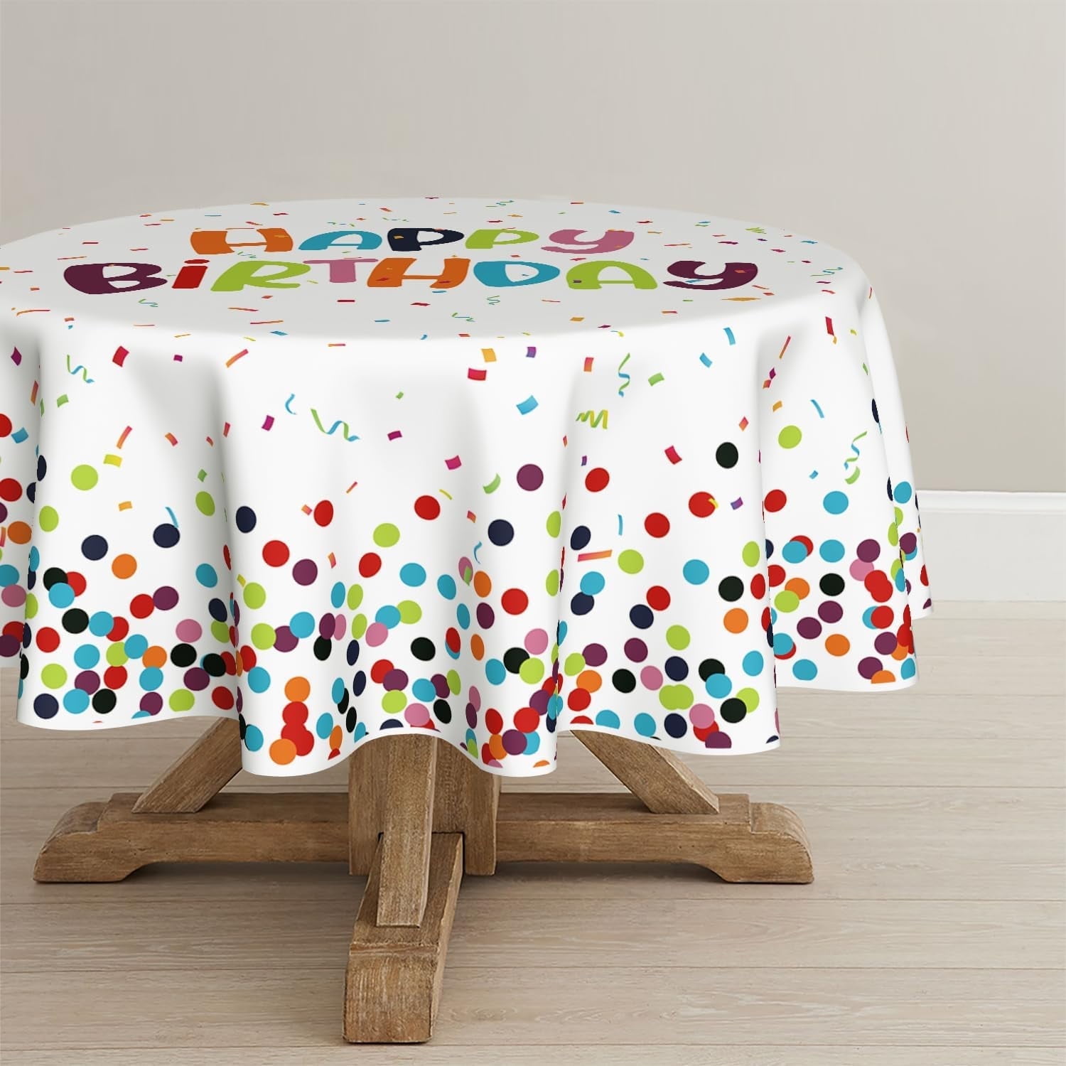 Birthday Tablecloth 60x60 Inch Round, Happy Birthday White Washable ...