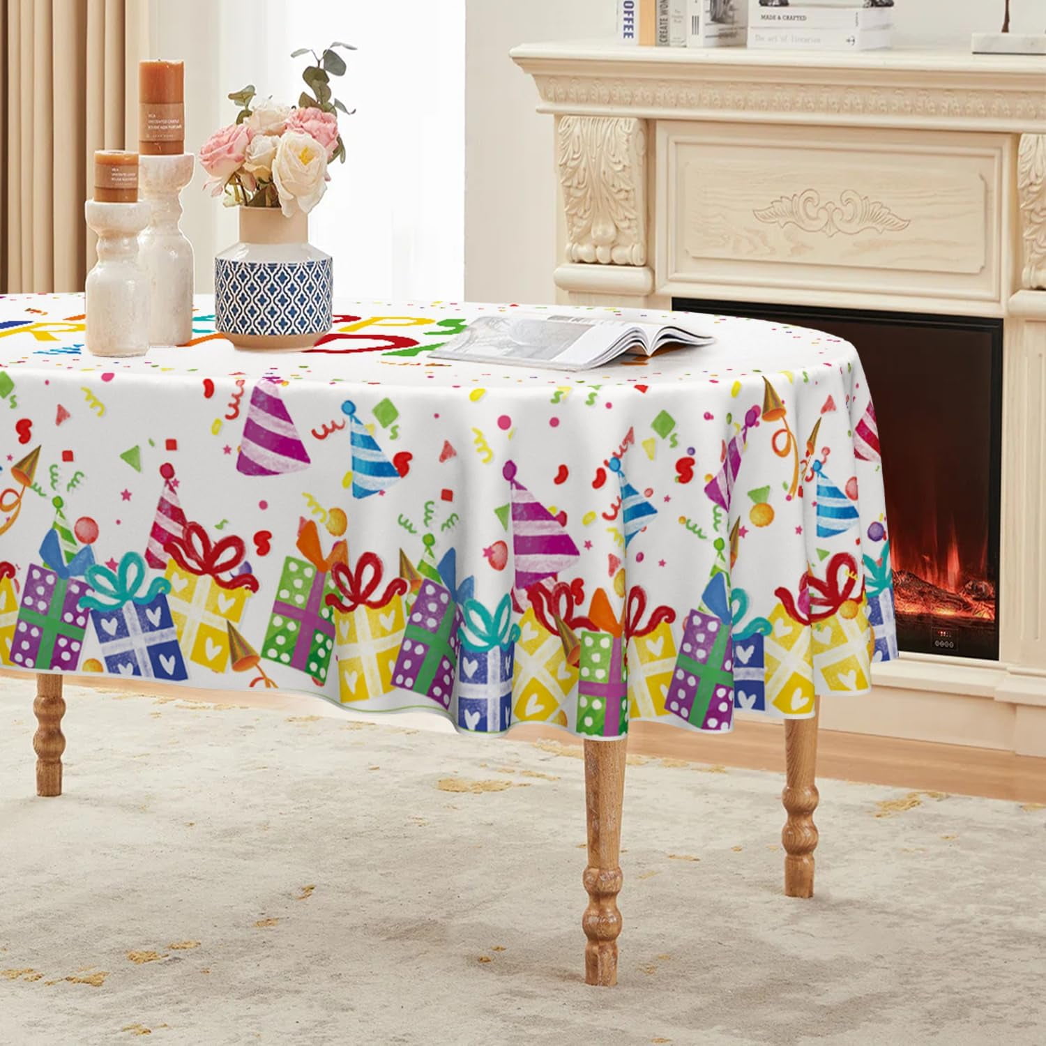 Birthday Tablecloth Oval, Happy Birthday Ballon White Washable Seasonal ...