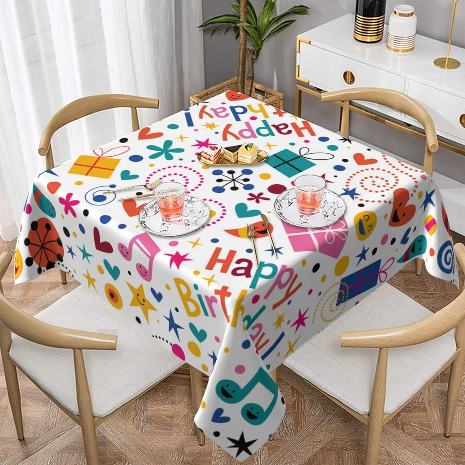 Birthday Tablecloth Square 60x60 Inch Vinyl Spring Colorful Table ...