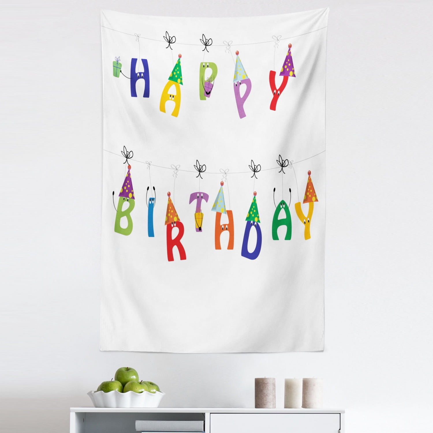 Birthday Tapestry, Celebration Colorful Letters on Funny Faces Pointy ...
