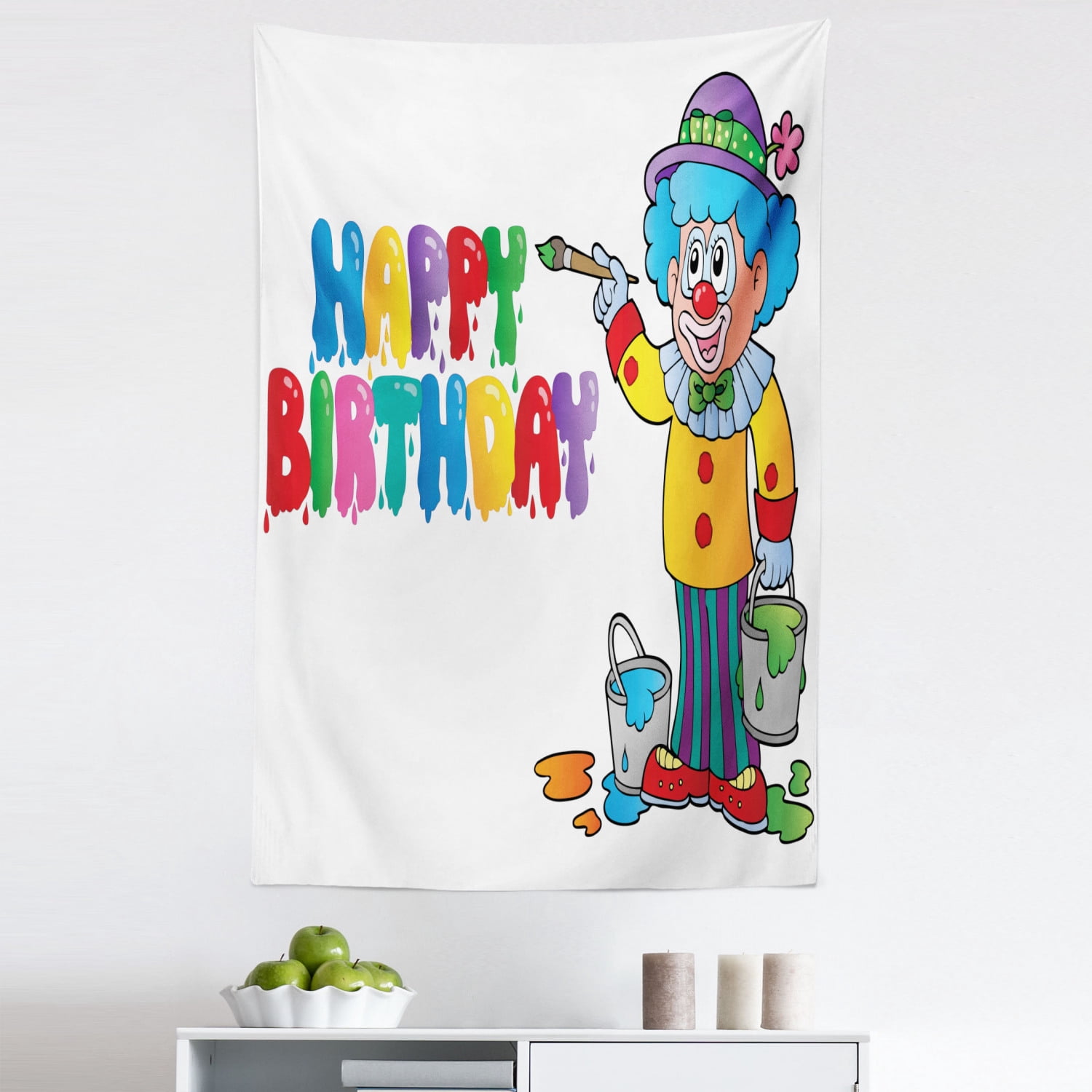 Birthday Tapestry, Happy Clown for Party with Colorful Painting Drawing ...