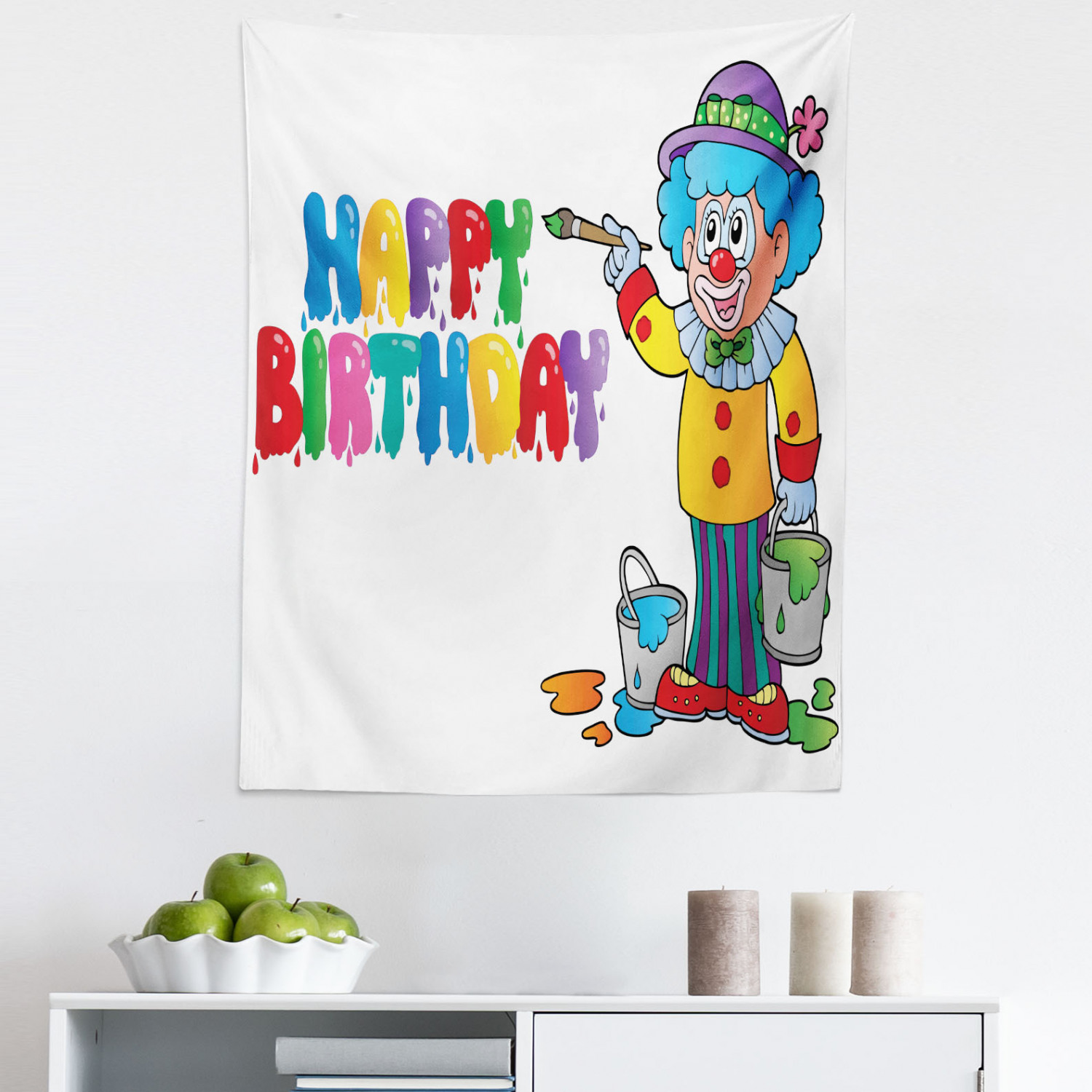 Birthday Tapestry, Happy Clown for Party with Colorful Painting Drawing ...