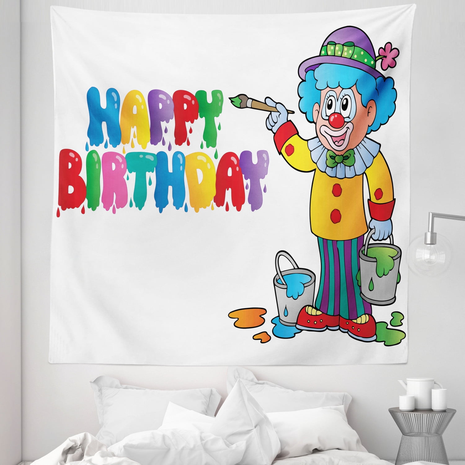 Birthday Tapestry, Happy Clown for Party with Colorful Painting Drawing ...
