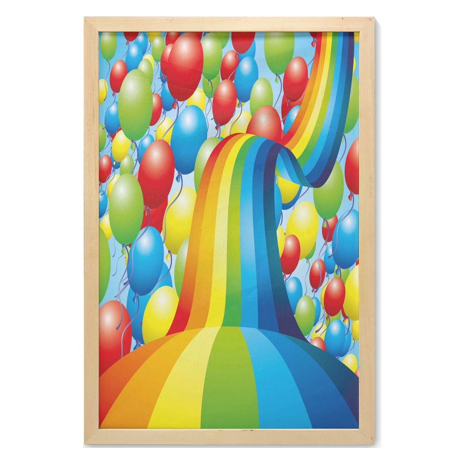 Birthday Wall Art with Frame, Many Vibrant Balloons Wavy Rainbow ...