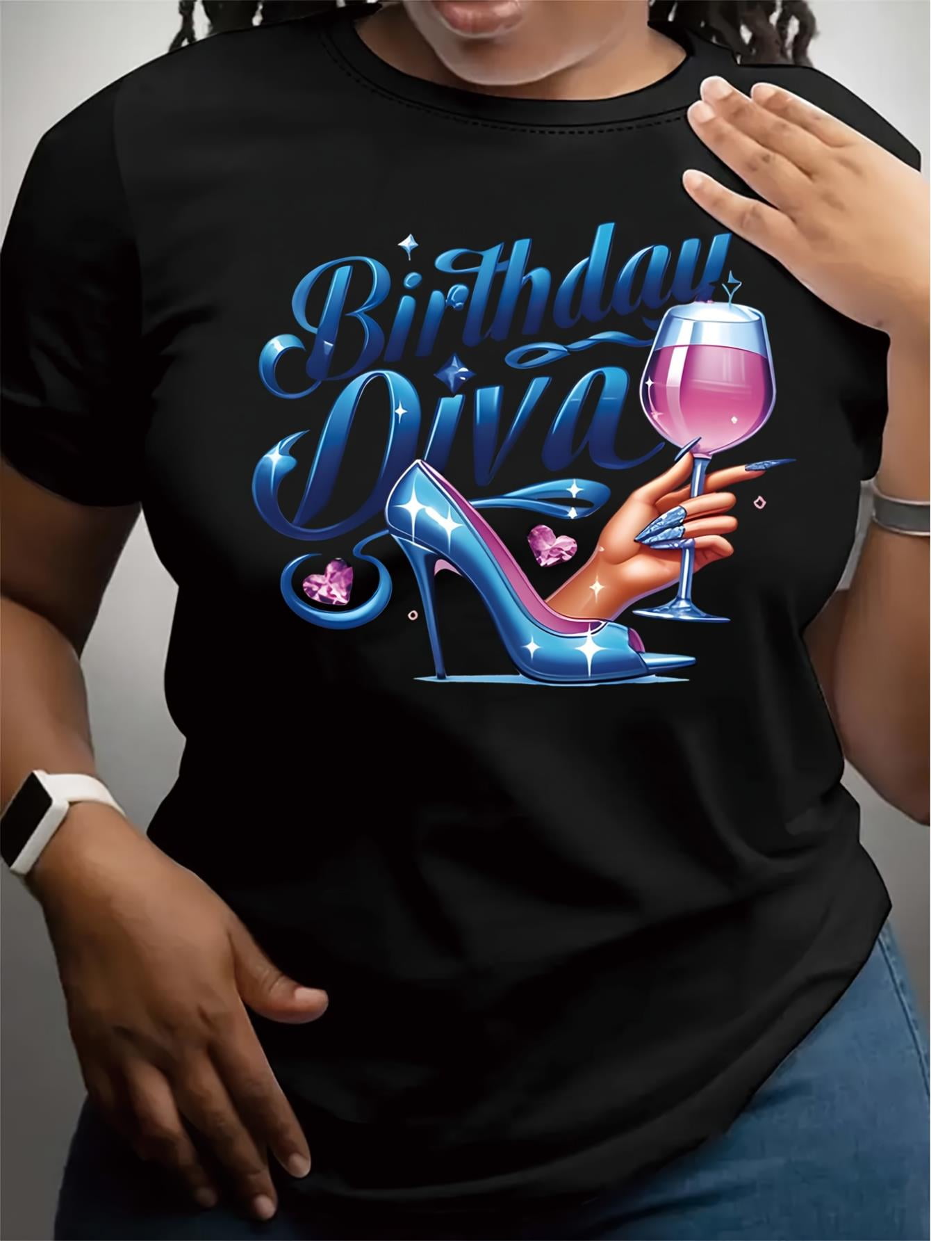 Birthday & Wine & High Heel Pattern Print T-shirt, Casual Crew Neck ...