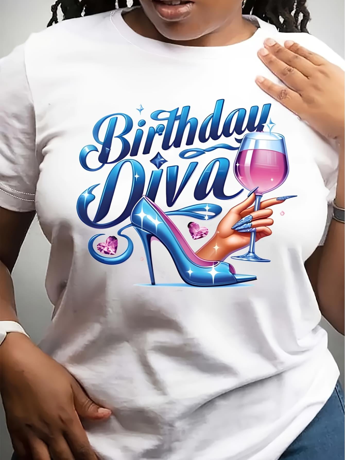 Birthday & Wine & High Heel Pattern Print T-shirt, Casual Crew Neck ...