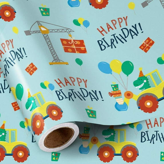 Birthday Wrapping Paper for Kids Boys, Mini Roll, Blue Dinosaur Truck ...