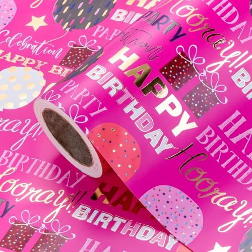 Birthday Wrapping Paper - Mini Roll - 17 Inch x 16.5 Feet - Gold Foil ...