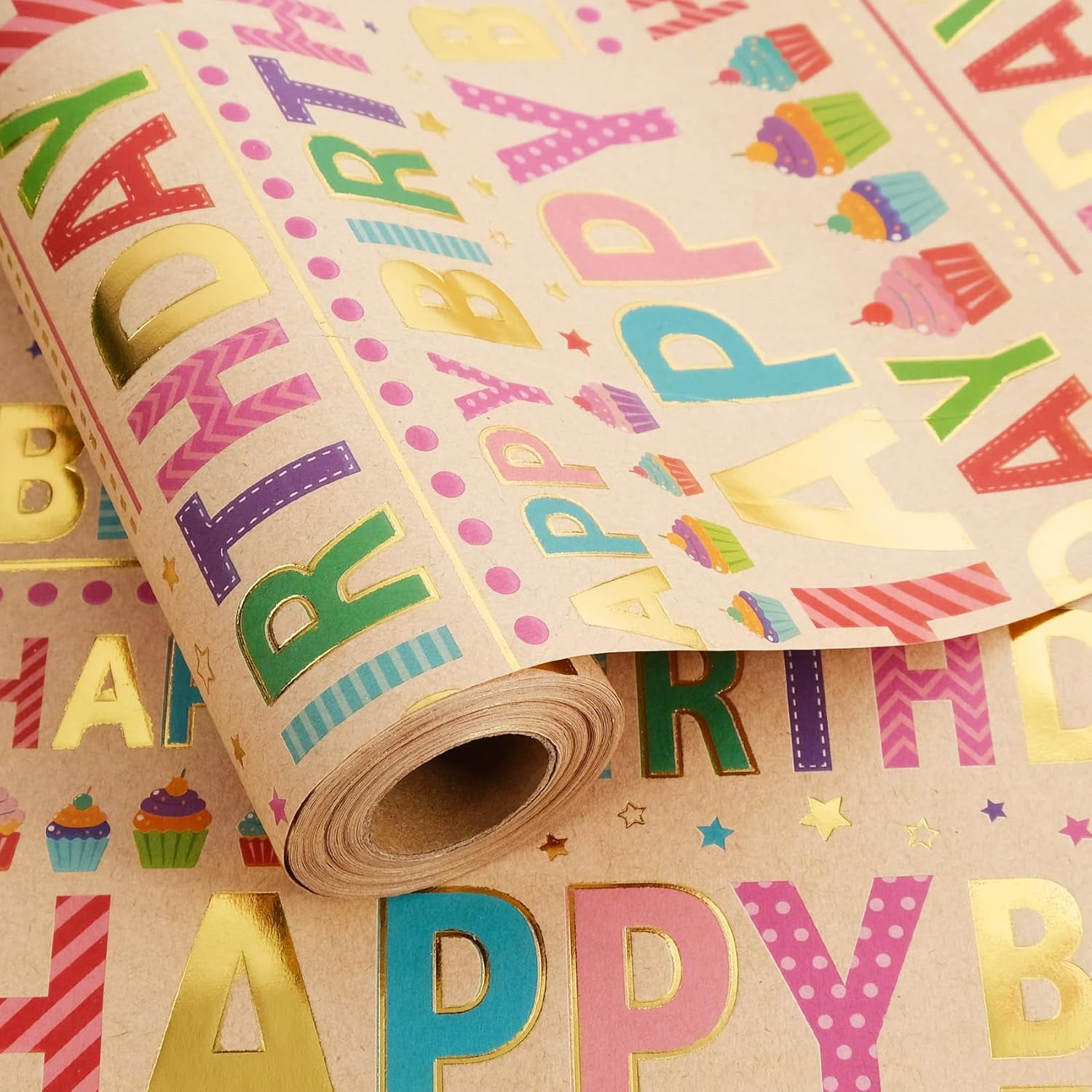 Birthday Wrapping Paper Roll - 17 Inch X 32.8 Feet - Gold Foil ...