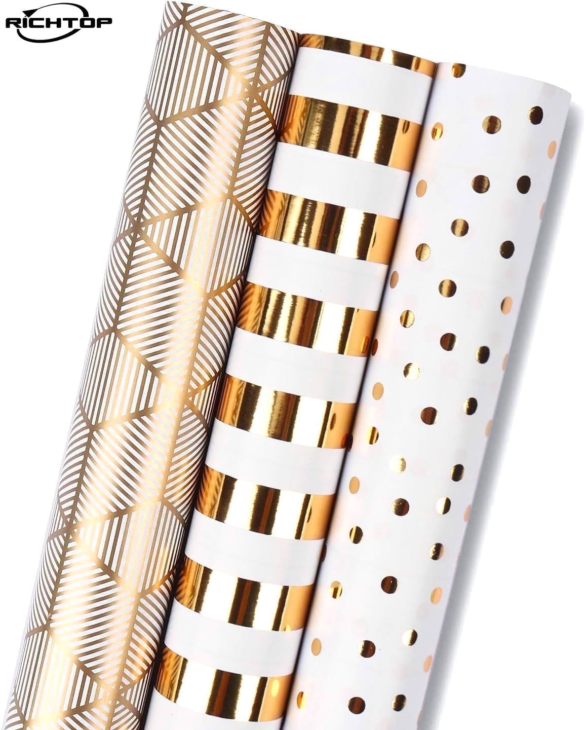 Birthday Wrapping Paper Roll - White & Gold Foil Design for Party ...