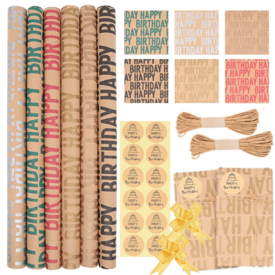 Birthday Wrapping Paper Sheet - 12 Sheets Folded Gift Wrap with “Happy ...