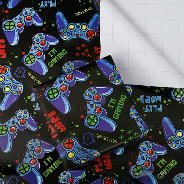 Fun Gaming Gift Wrap Paper - Birthday Wrapping for Kids, Men, 3 Sheets ...