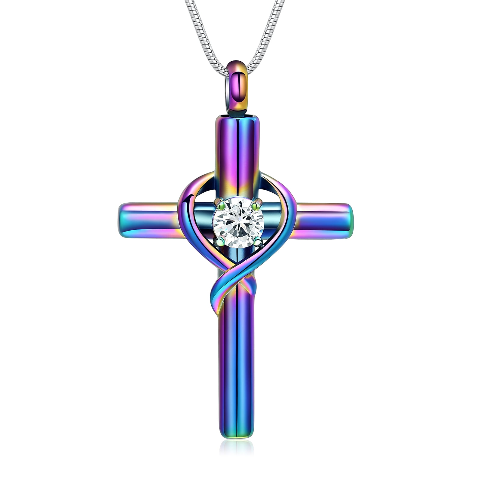 Birthstone Cross Cremation Ashes Urn Pendant Necklace Memorial Keepsake ...